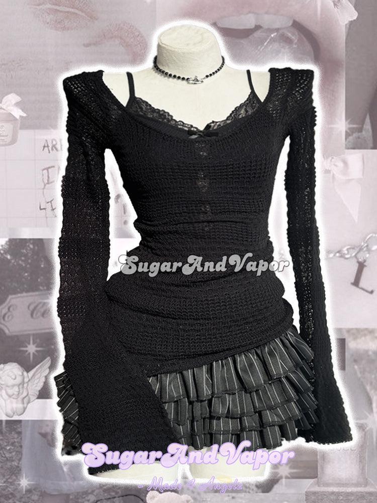 Ardis Dark Layering Crochet Knit Dress Top + Lace Cami Set