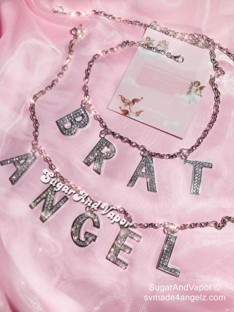 Bling Rhinestones Large Words BRAT ANGEL Stainless Steel Belly Chain